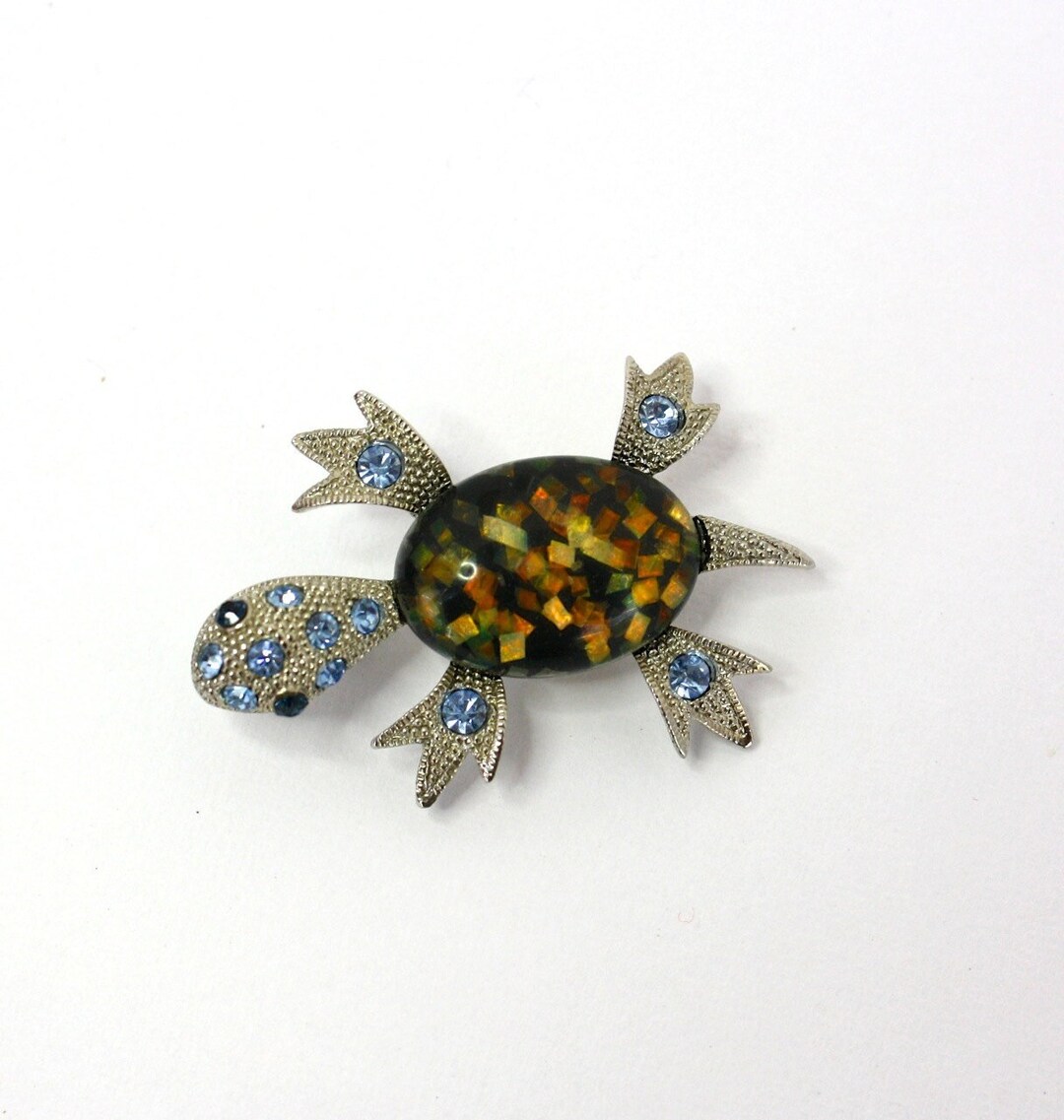 Vintage Turtle Brooch Silver W Lucite Confetti Belly & Blue Rhinestones ...