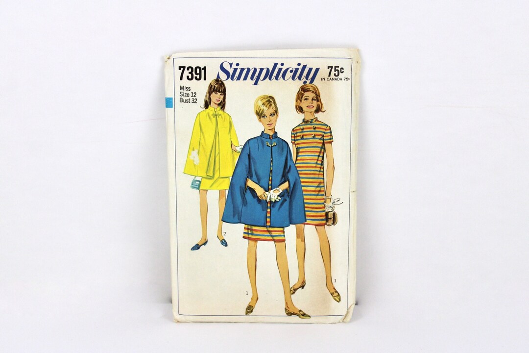 60s Mod Dress & Cape Simplicity Pattern No 7391 Shift Dress Size 12 ...