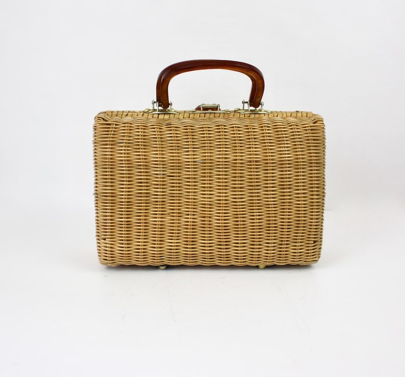 60s Wicker Box Purse Faux Tortoiseshell Lucite Front & Double Handles ...