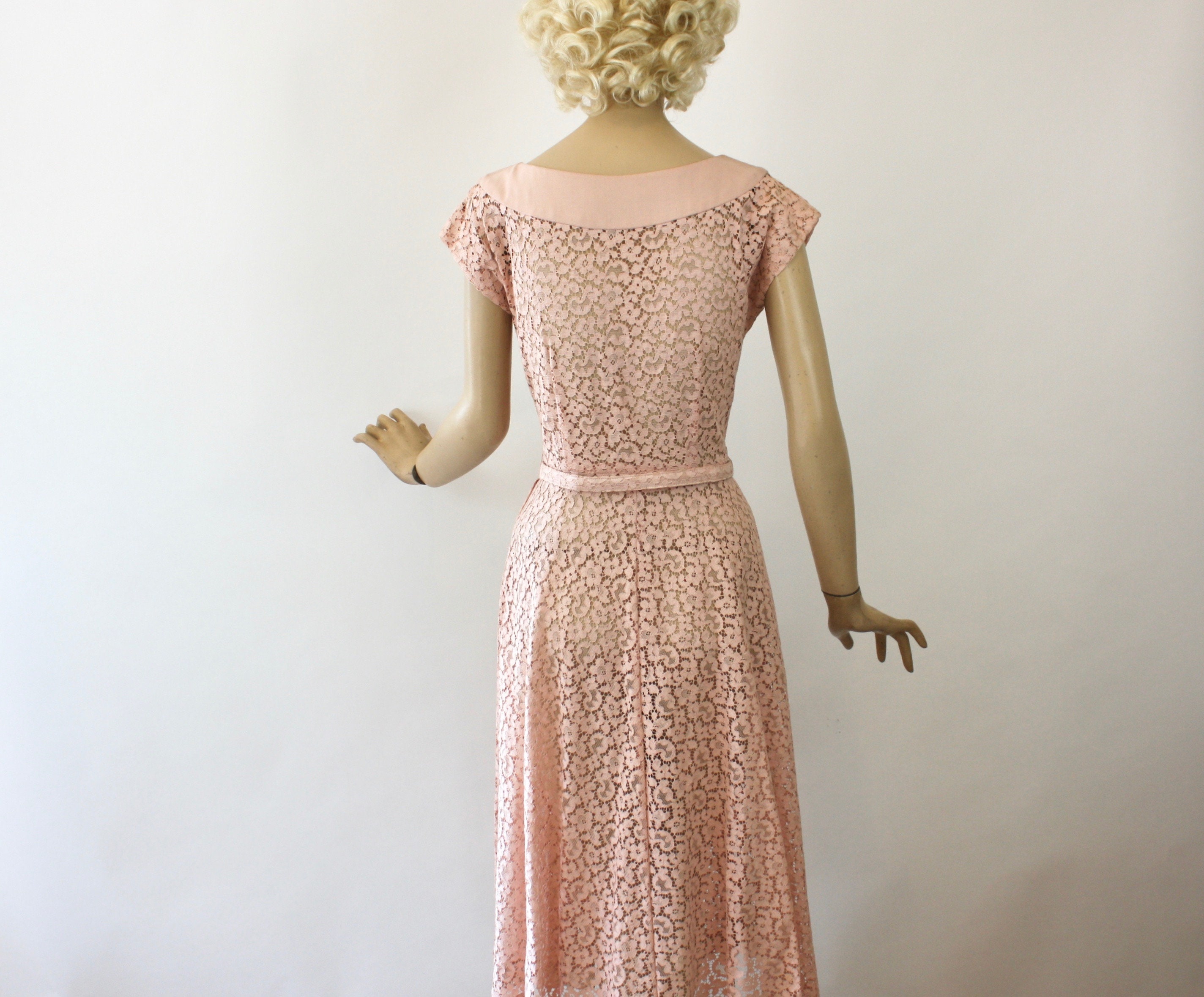 50s Lace Dress Pink Cutwork Cotton Lace & Linen Full Skirt - Etsy