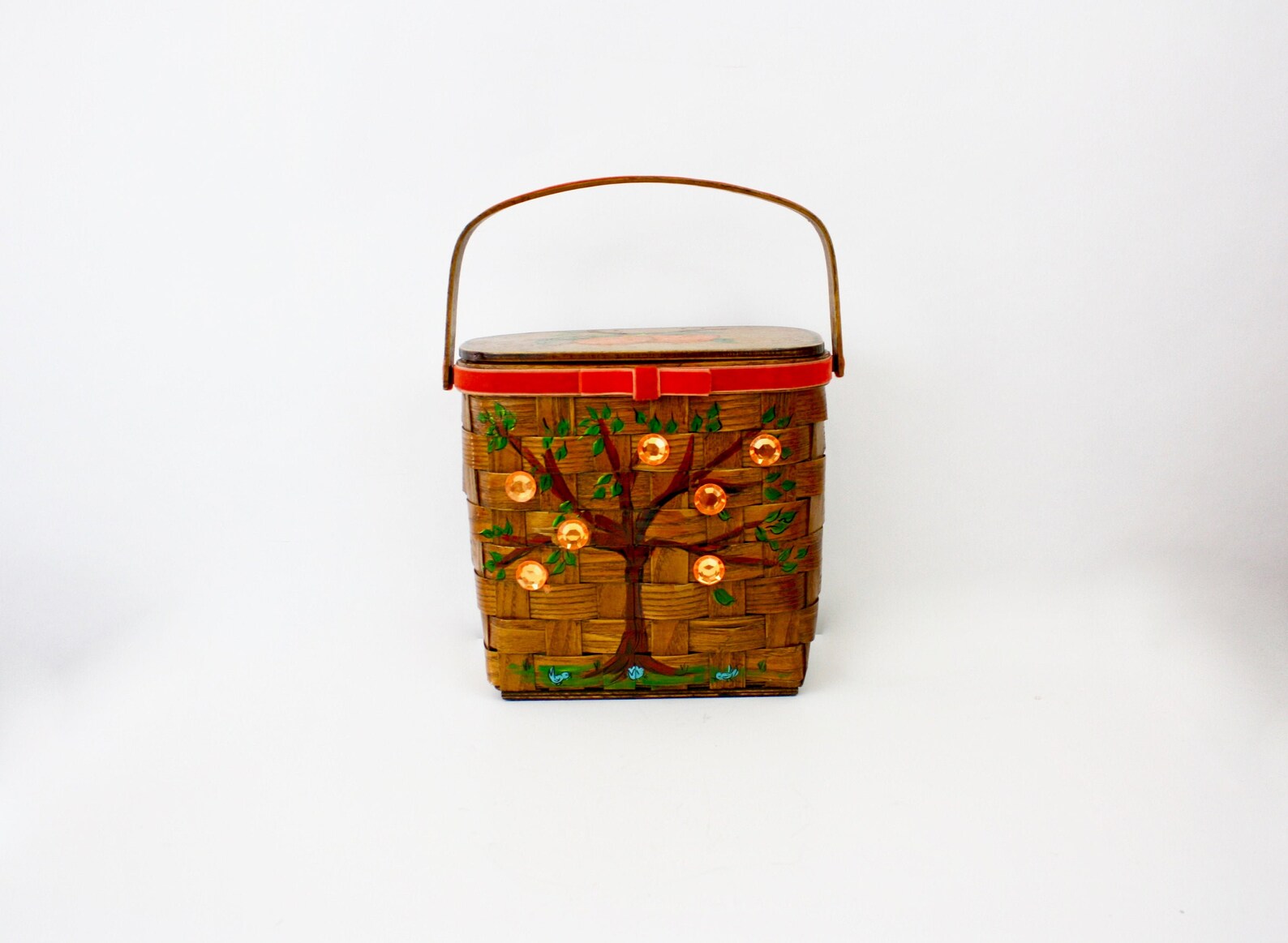 60s Basket Purse Tall Wood Basket Purse Hand-painted Orange Tree W ...
