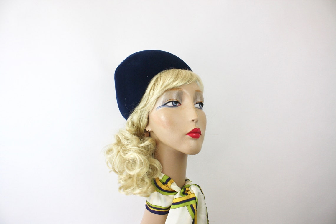 60s Pill Box Hat Royal Blue Velour Felt Wide Brim Hat | Etsy