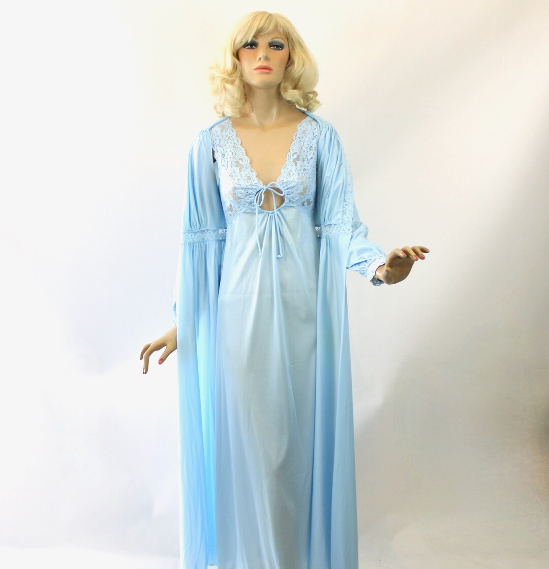 80s Peignoir Set NOS Shadowline Light Blue Nylon & Lace Size S Bust 34 ...