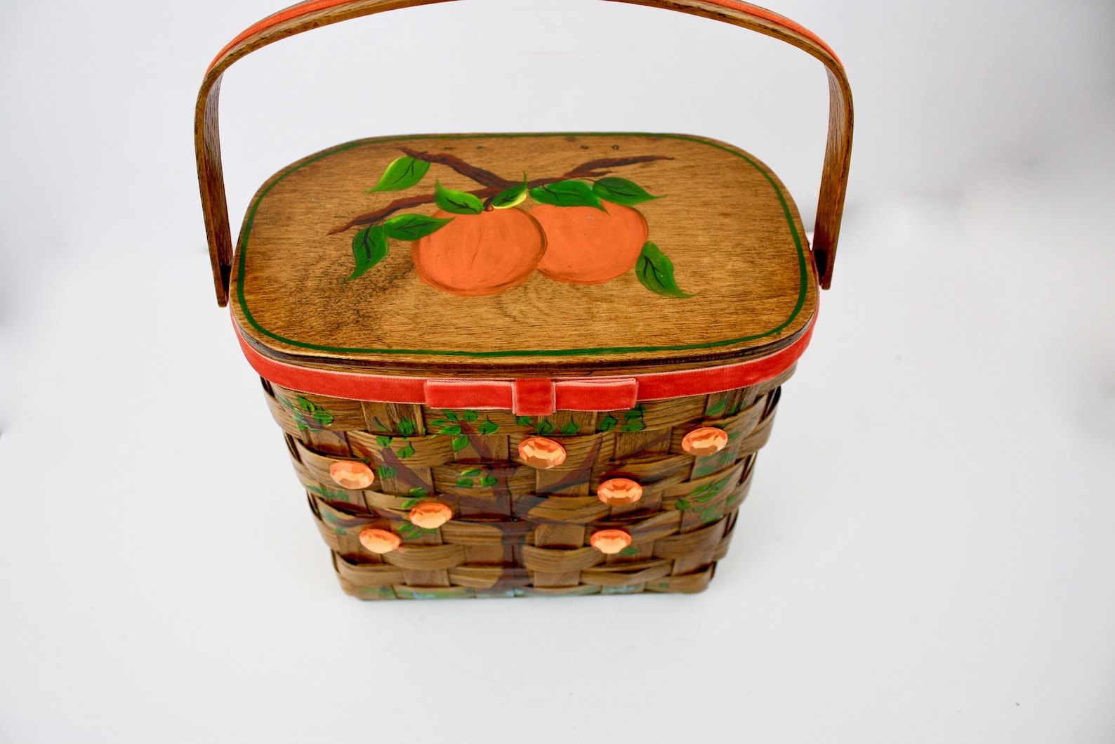 60s Basket Purse Tall Wood Basket Purse Hand-painted Orange Tree W ...