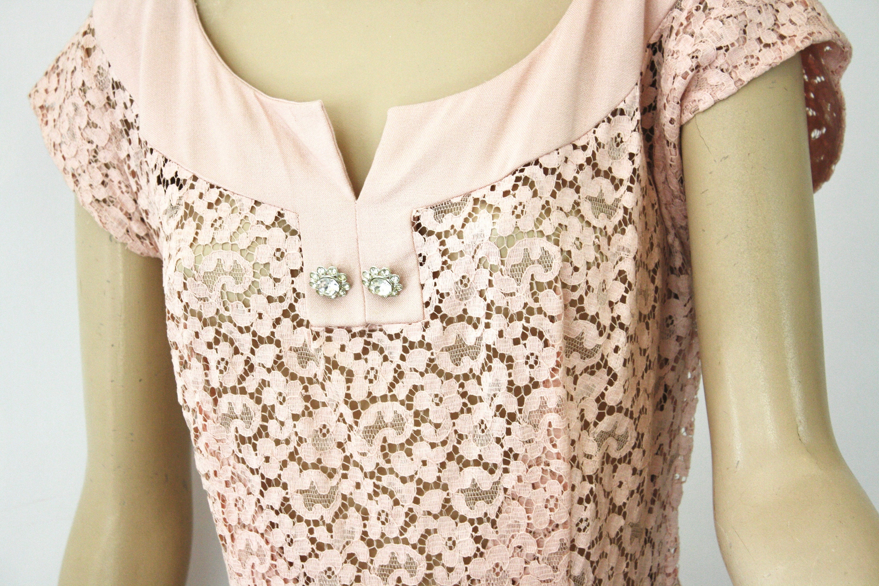 50s Lace Dress Pink Cutwork Cotton Lace & Linen Full Skirt | Etsy