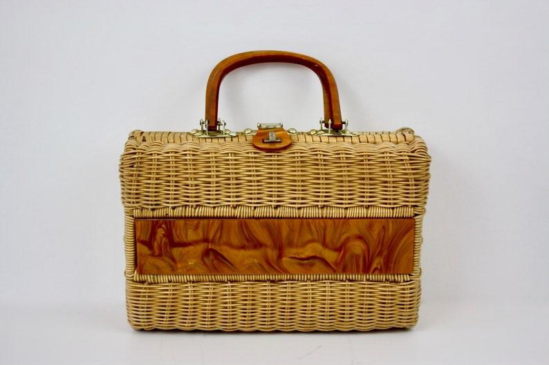60s Wicker Box Purse Faux Tortoiseshell Lucite Front & Double Handles ...