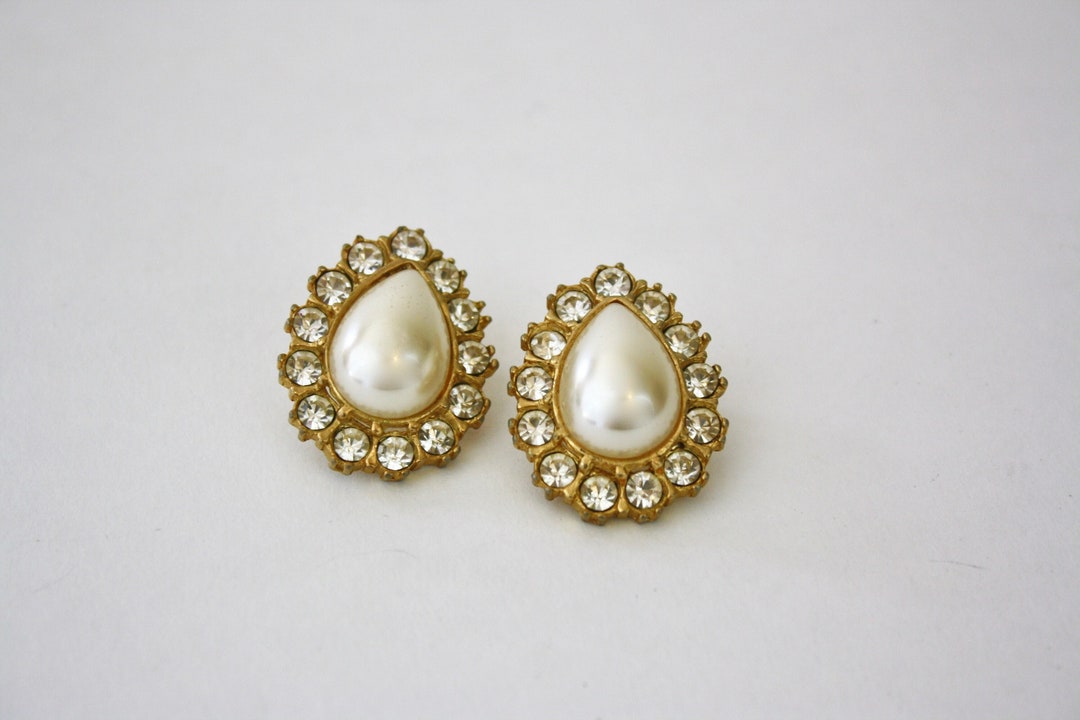 80s Pearl Rhinestone Earrings Gold Teardrop Pearl Pierced Backs - Etsy