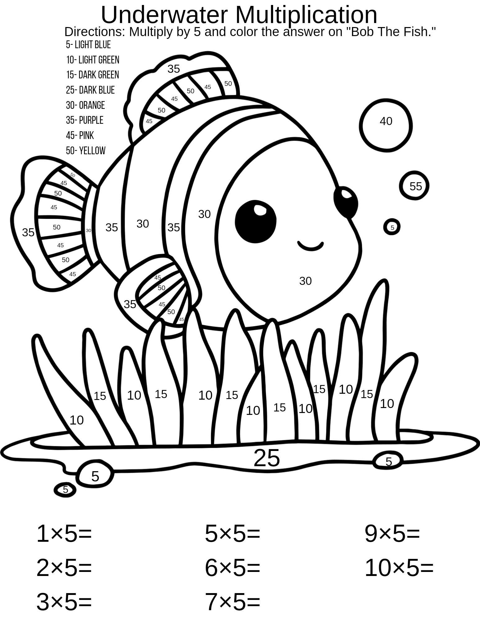 Children's Multiplication Coloring Sheet 5 Times Tables Underwater ...