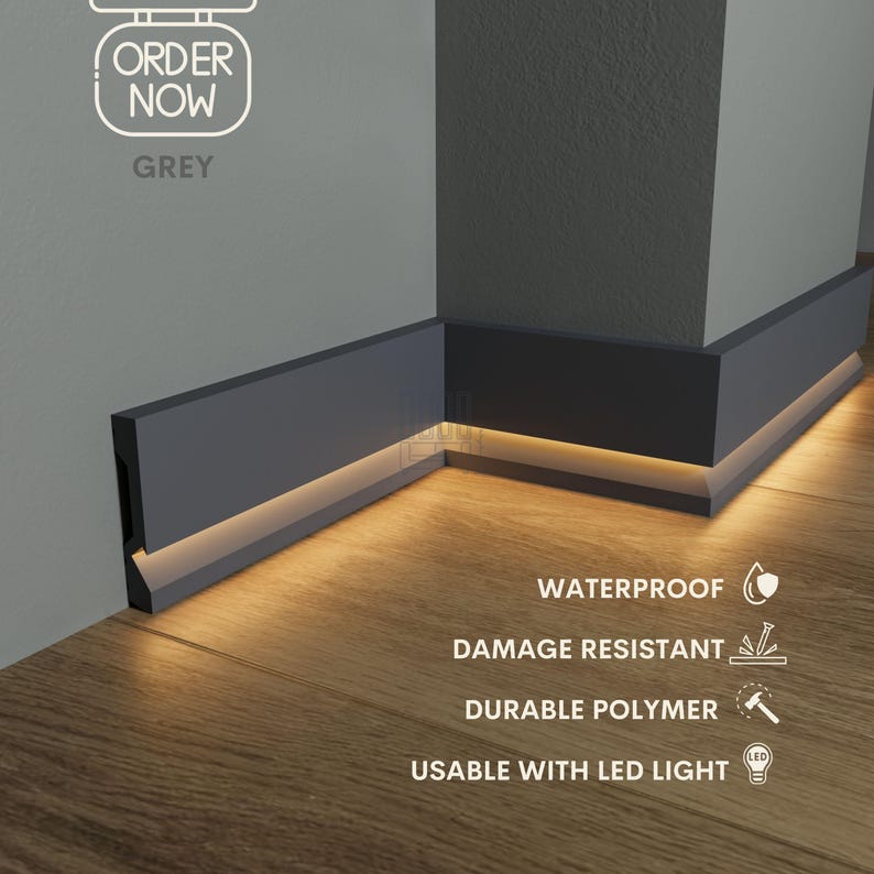 Black Baseboard Molding, Beige, Grey LED Skirting Board, Durable Polimer Floor Moulding, Accent ...