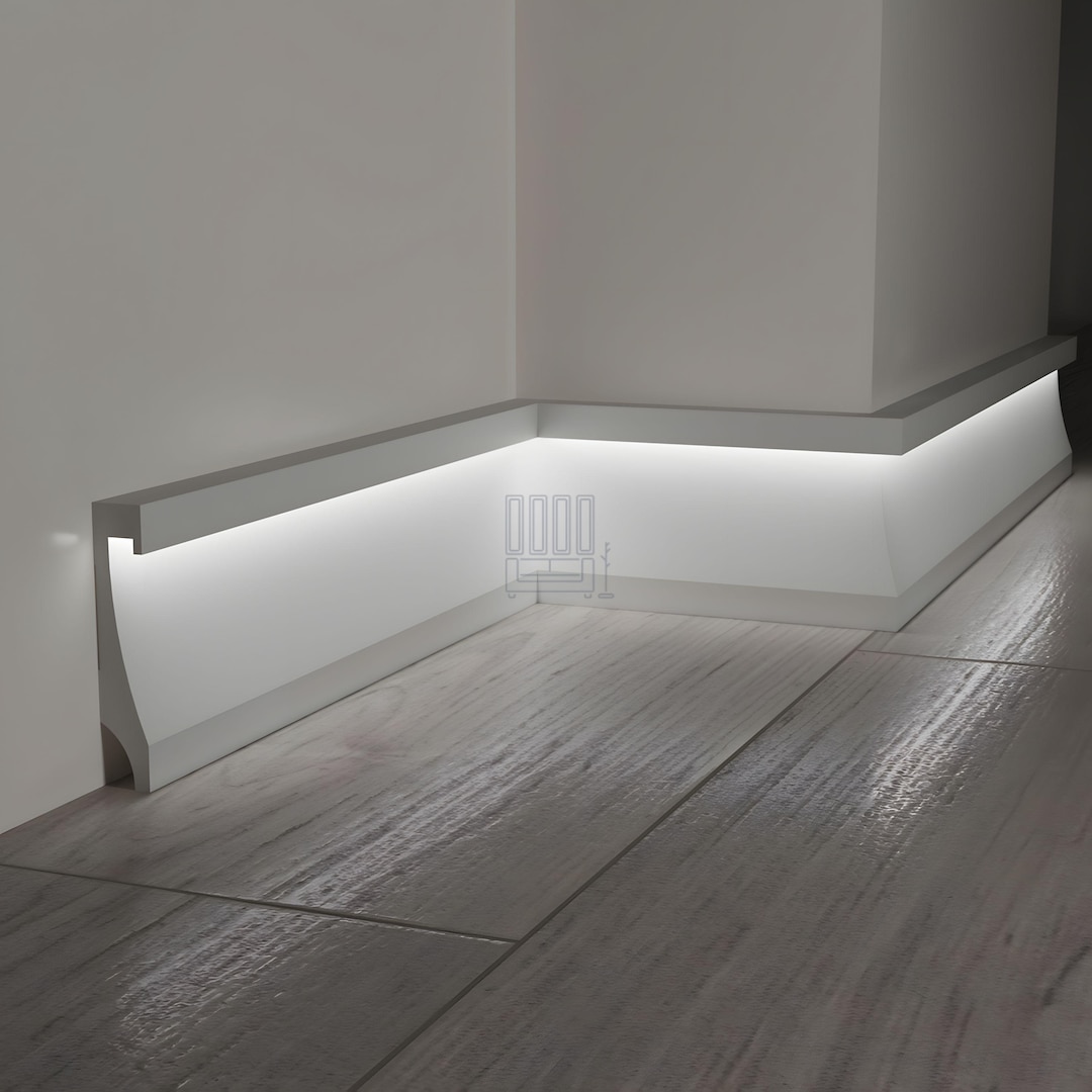 White Baseboard Molding With LED, Accent Wall Durable Polymer Floor ...