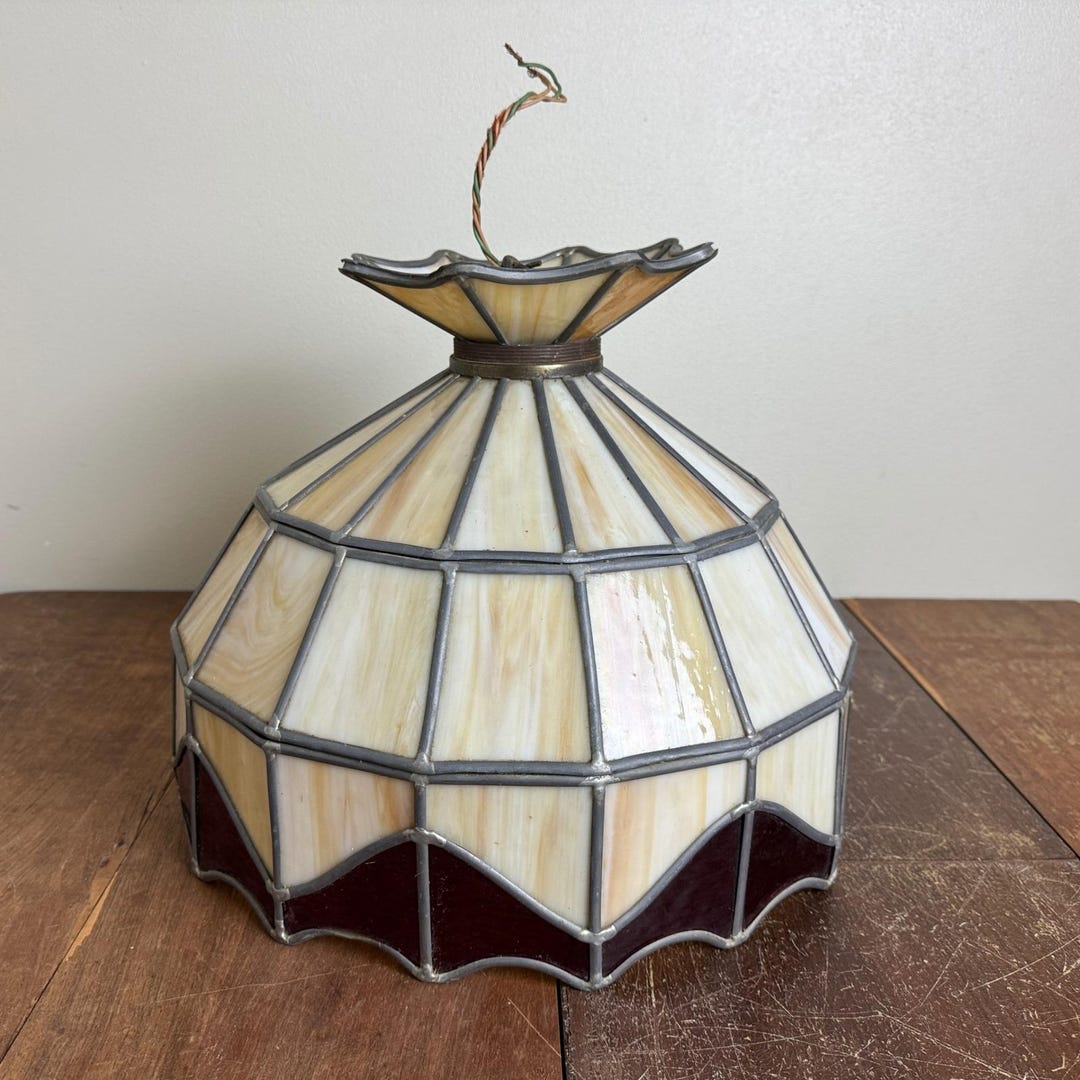 Vintage Stained Slag Glass Hanging Light Fixture Lamp Beige Red 13 ...