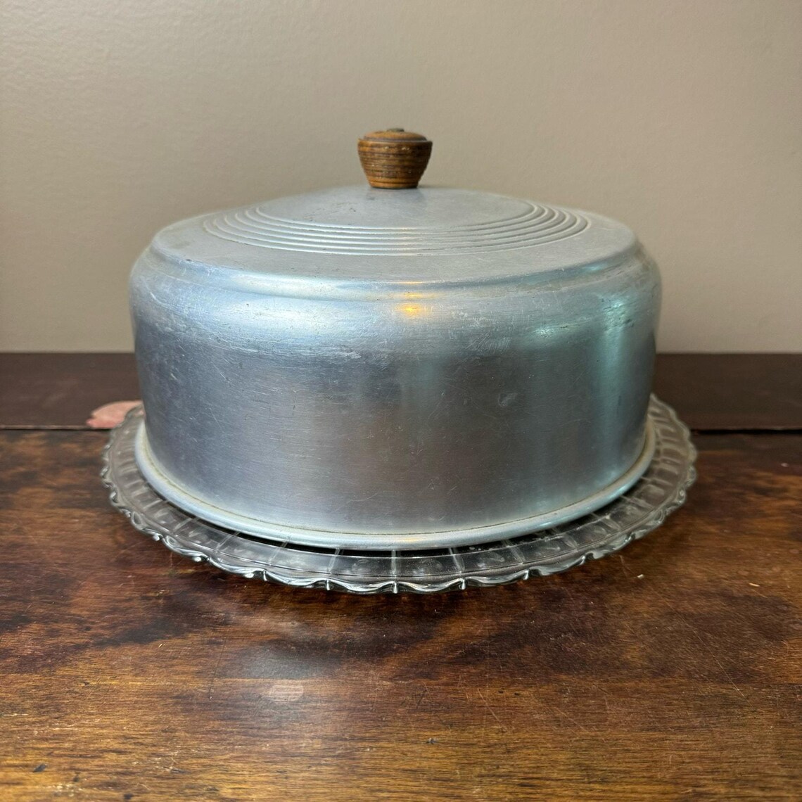 Vintage MCM Pressed Glass Footed Cake Plate Aluminum Cover Dome Wood ...