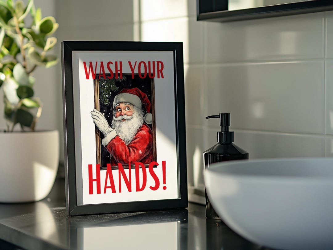 Santa Wash Your Hands Poster, Funny Bathroom Wall Art, Christmas Humor ...