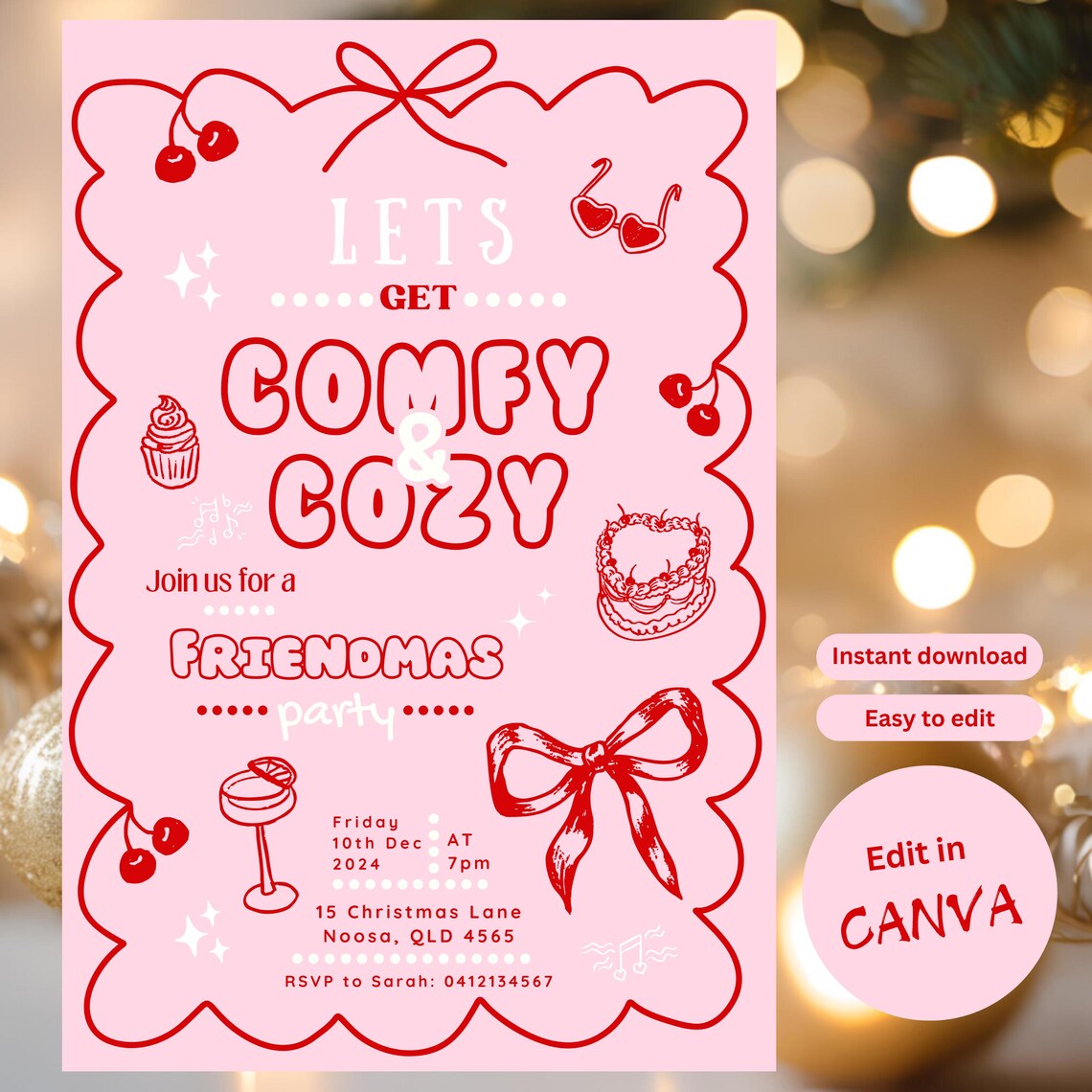 Comfy and Cozy Downloadable Christmas Party Invite, Coquette Christmas ...