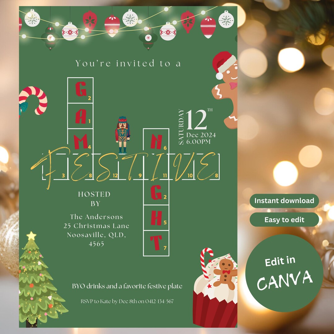 Christmas Game Night Flyer Invite, Canva Festive Event Flyer Template ...