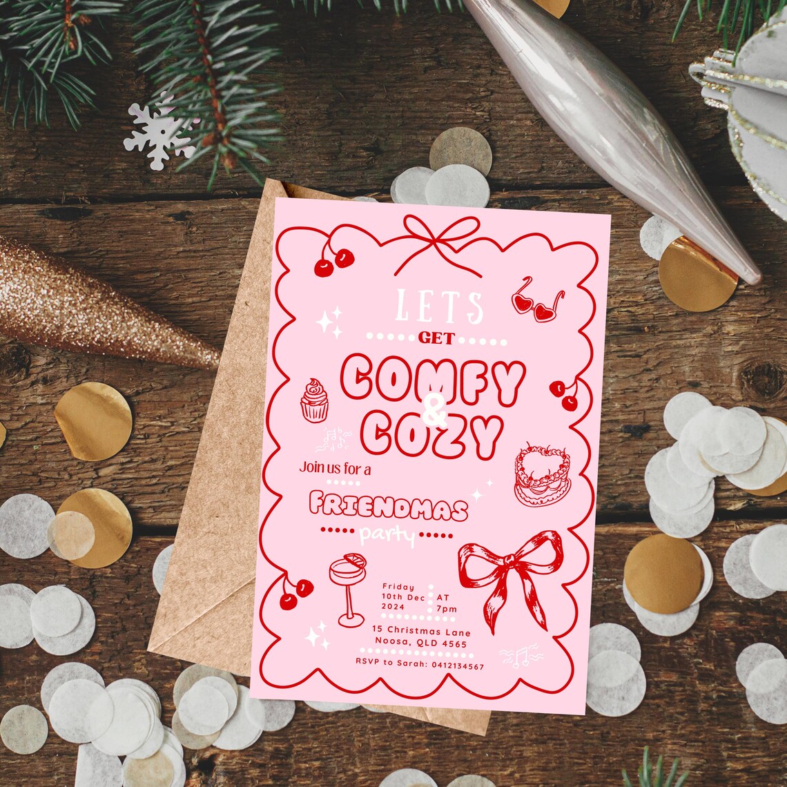 Comfy and Cozy Downloadable Christmas Party Invite, Coquette Christmas ...