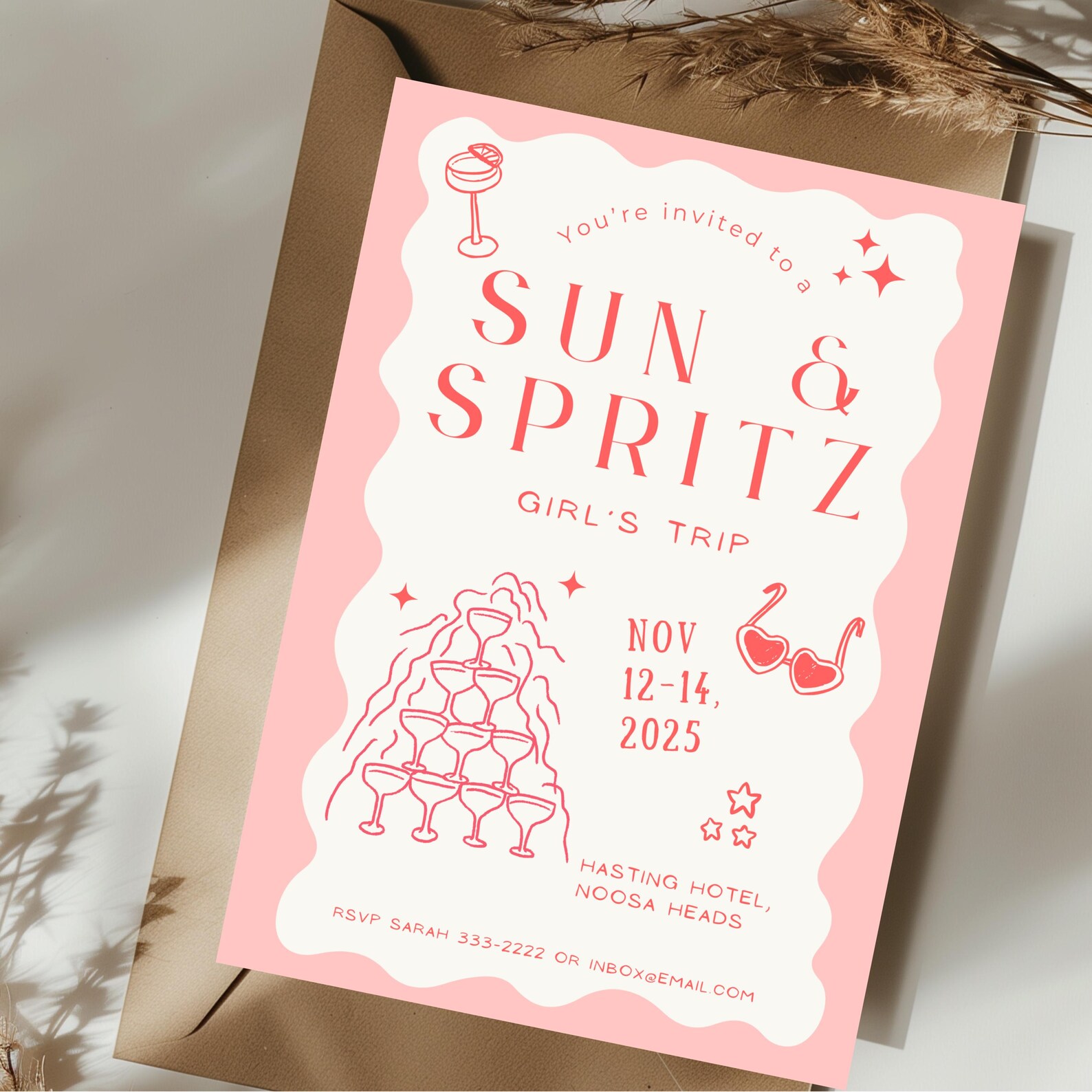 Wavy Whimsical Girls Trip Invitation Itinerary Editable Template, Girls ...
