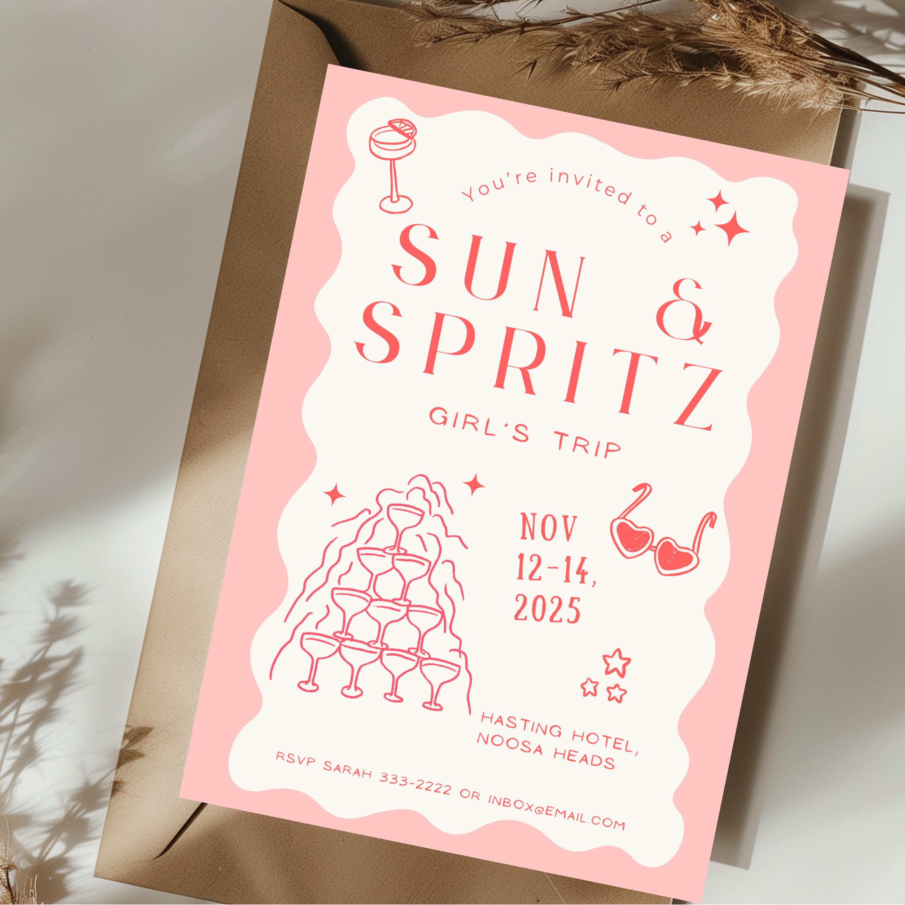 Wavy Whimsical Girls Trip Invitation Itinerary Editable Template, Girls ...