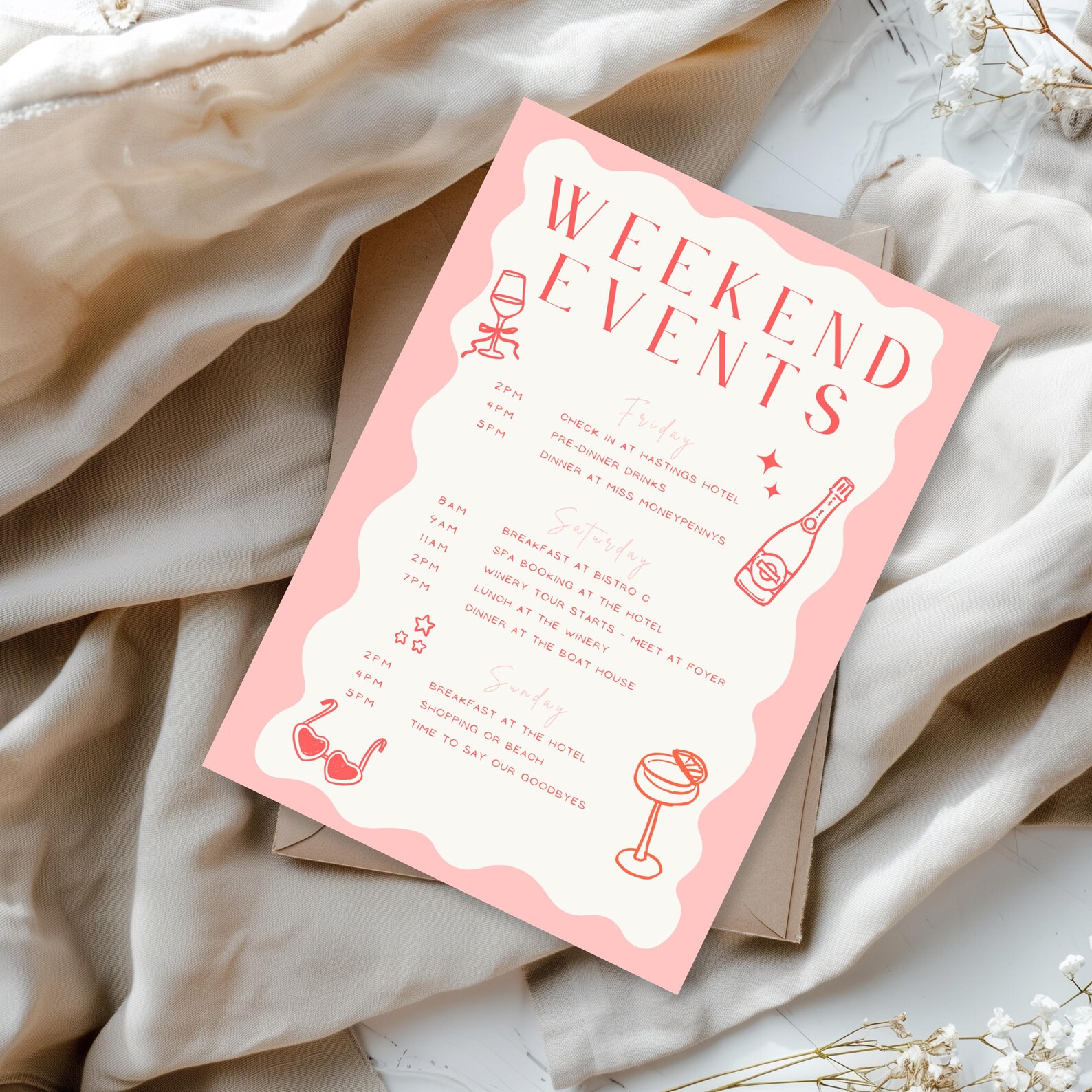 Wavy Whimsical Girls Trip Invitation Itinerary Editable Template, Girls ...