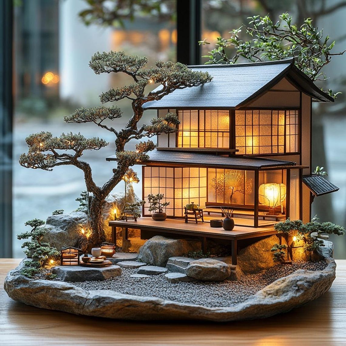 2D FLAT Japanese Tea House Diorama – LED Zen Garden House Model Decor ...