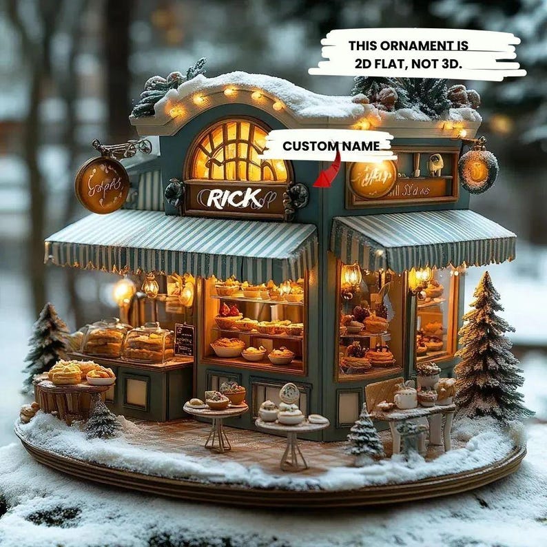 Custom Lighted Christmas Bakery 2D FLAT, Snowy Holiday Café Village ...