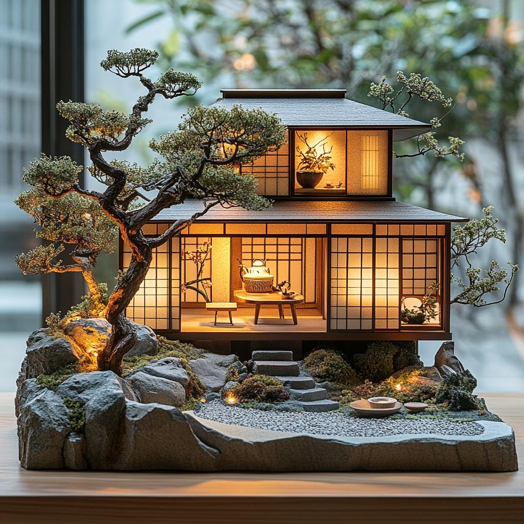 2D FLAT Japanese Tea House Diorama – LED Zen Garden House Model Decor ...
