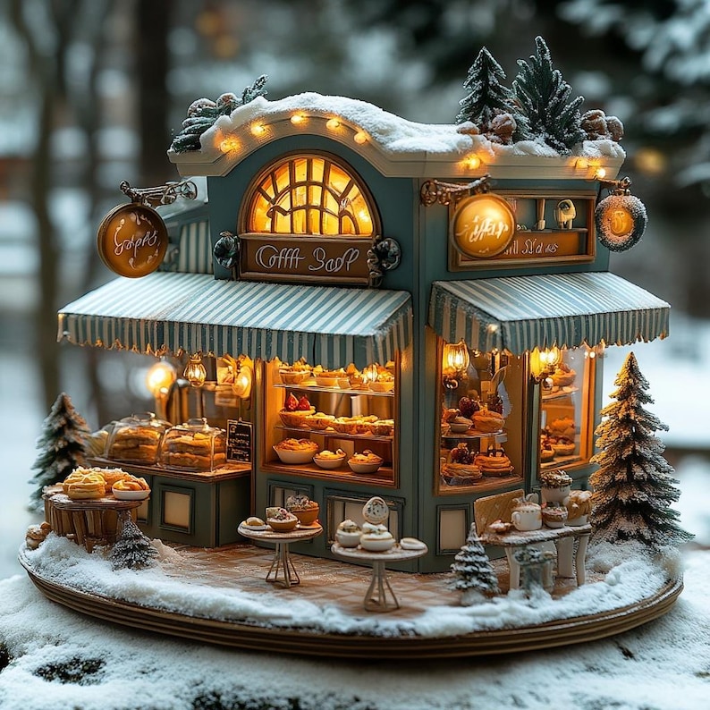 Custom Lighted Christmas Bakery 2D FLAT, Snowy Holiday Café Village ...