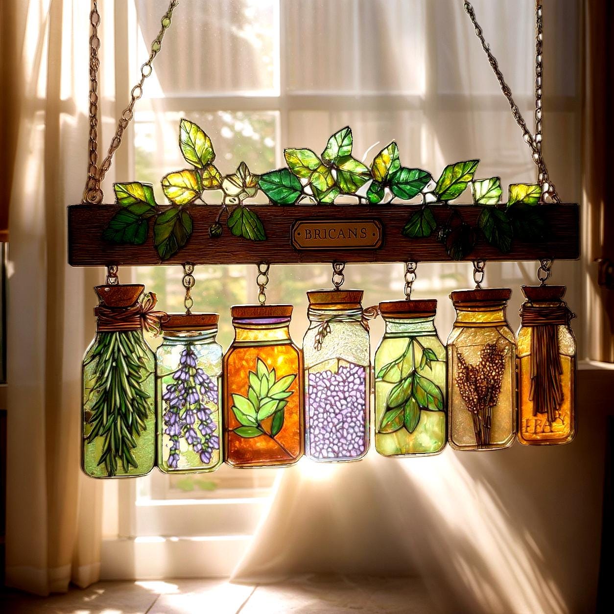 Herb Jars Acrylic Suncatcher, Faux Stained Acrylic Kitchen Window ...