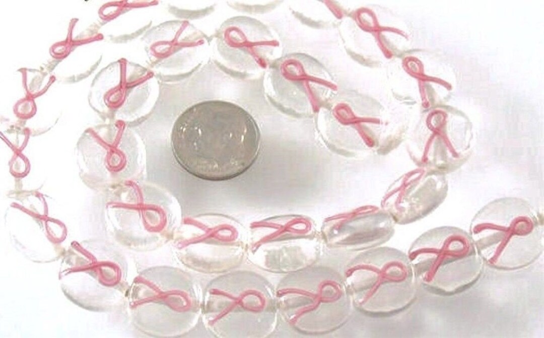 Bead, 8 Frosted Clear Breast Cancer Awareness Pink Ribbon 14mm Coin ...