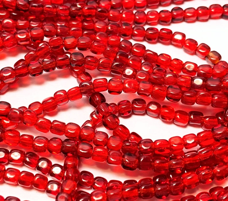 Bead, 100 Czech Pressed Glass Transparent Lt Siam Ruby Red 4mm Rounded ...