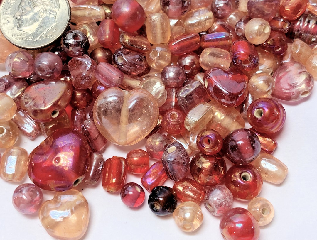 Bead, Mix, Red Pink, 100 Grams(200) Rose Pink & Ruby Luster Pressed ...