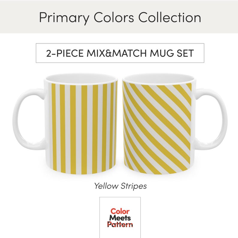 Yellow Striped Mug Set of 2 – Vertical & Diagonal Patterned Coffee Mugs ...