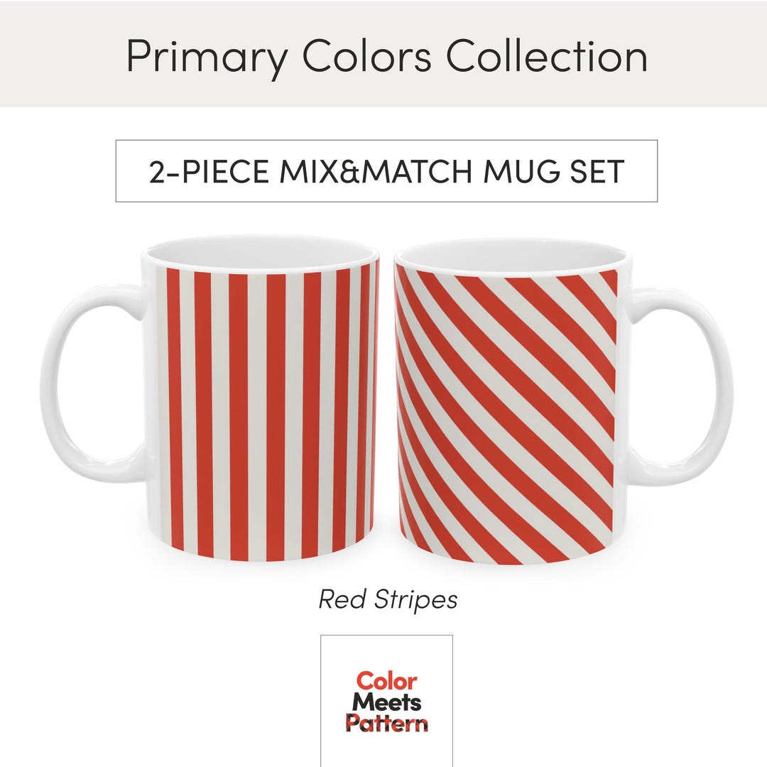 Red Striped Mug Set of 2 – Vertical & Diagonal Patterned Coffee Mugs ...