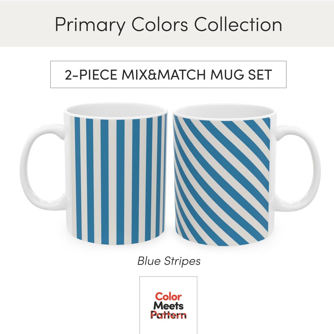 Blue Striped Mug Set of 2 – Vertical & Diagonal Patterned Coffee Mugs ...