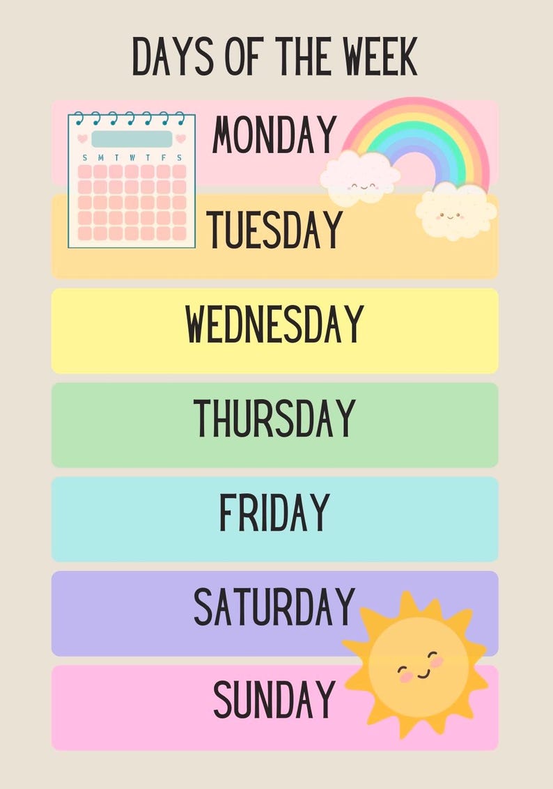 Days of the Week - Digital File - Printable Page 8 X 11.5 Pages - Etsy