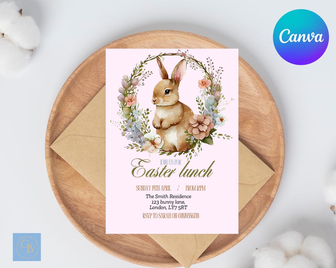 Editable Easter Lunch Invitation Template | Bunny & Floral Wreath ...