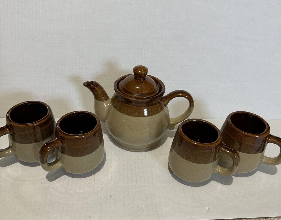 Vintage Glazed Ceramic Brown Tea Set 1 Tea Pot and 4 Mugs No Chips - Etsy