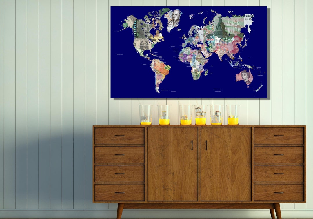 Money World Map Canvas Wall Art Design,world Map Canvas Black and White ...