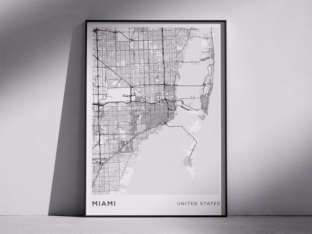 Miami City Map Print: Monochrome Modern Minimalist Wall Art (digital ...