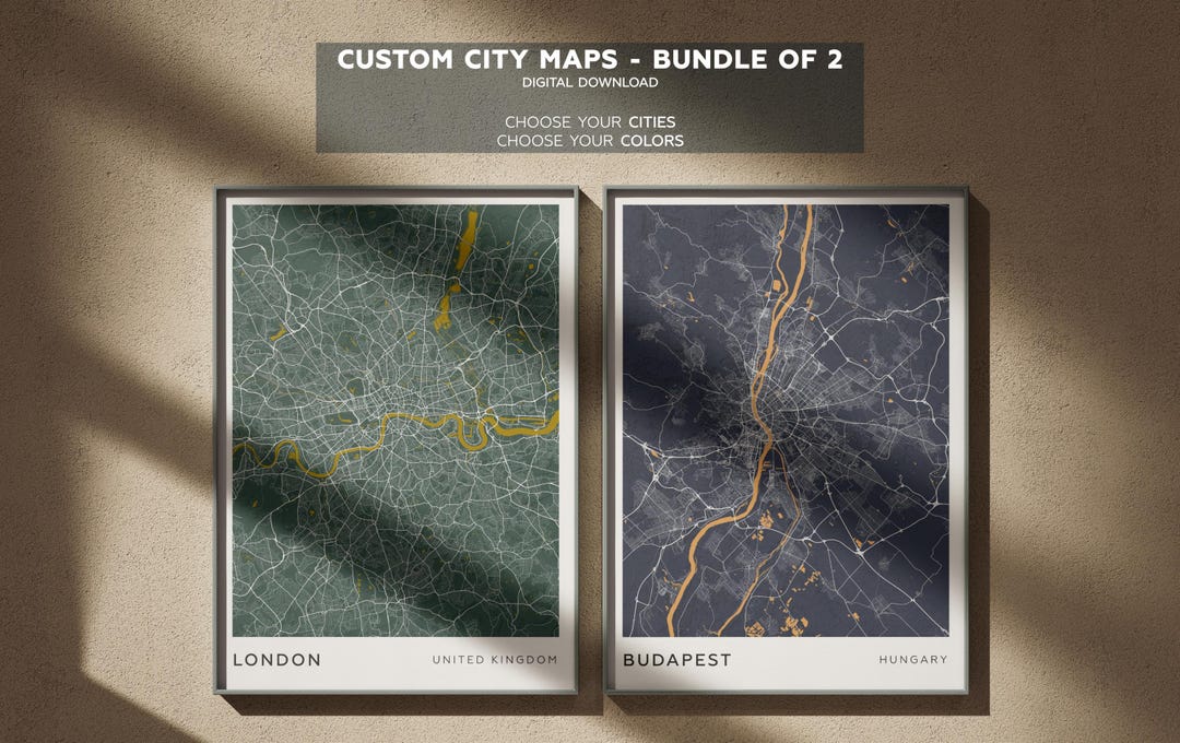 Custom City Map Set of 2: Personalized Modern Printable Wall Art ...