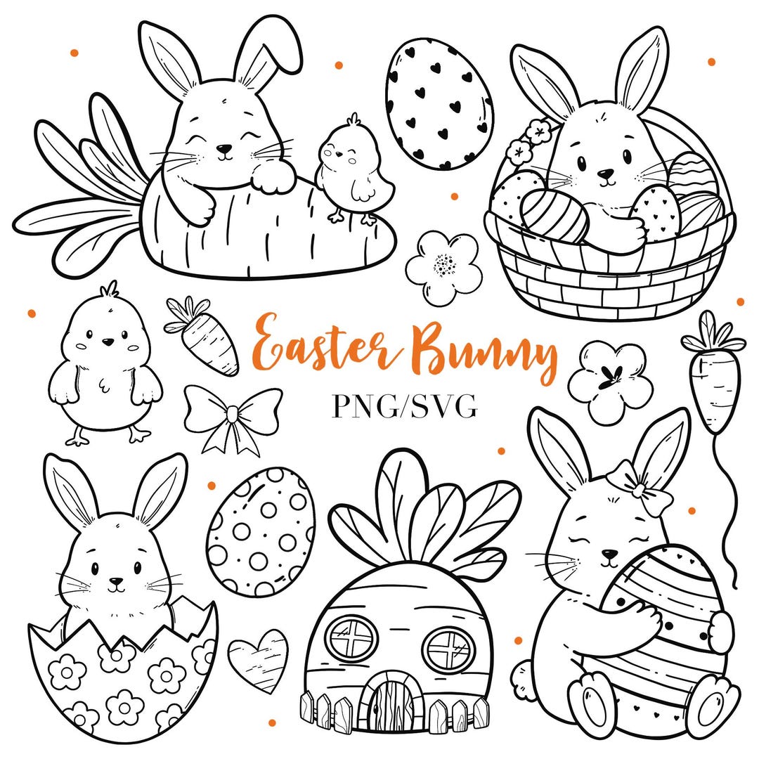Easter Bunny Line Art Clipart Set, Spring Animals Coloring Pages(png ...