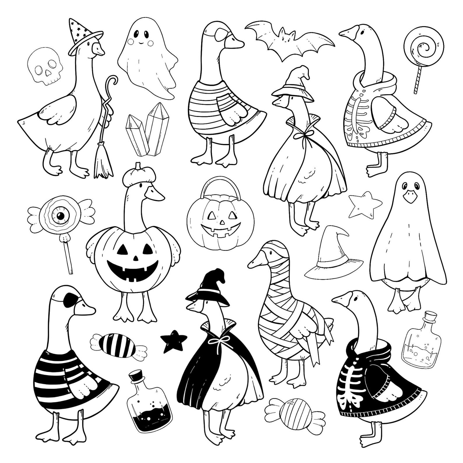 Halloween Silly Goose Clipart, Geese in Costume PNG SVG, Funny Doodles ...