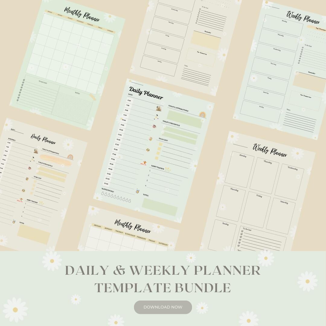 Aesthetic Daisy Printable Planner Set, Hourly Daily Planner, Weekly ...
