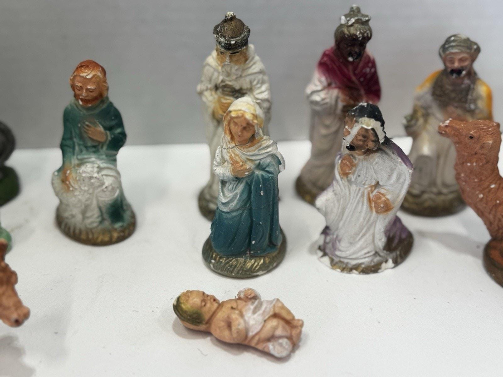 13 Pc Vintage Chalkware Nativity Set Figures Chalk Holy Family (see ...