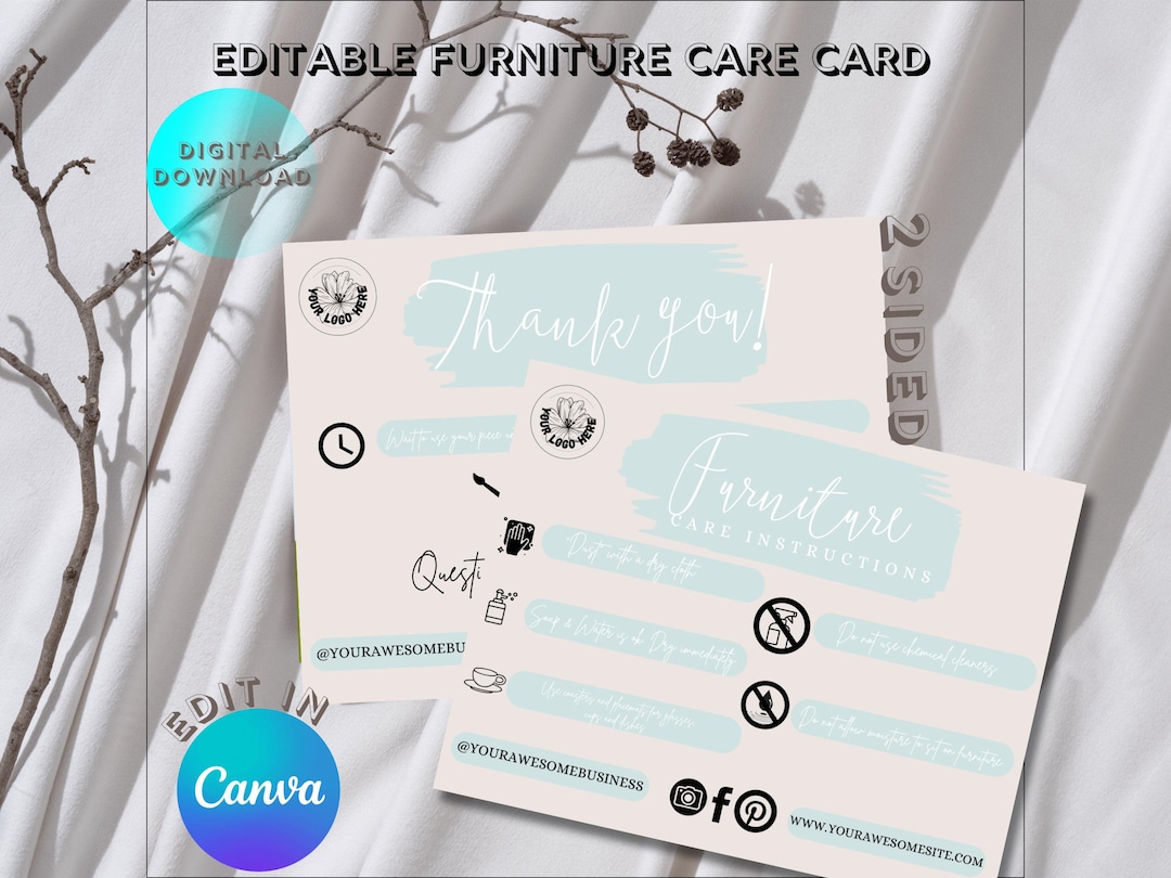Furniture Care Card Editable, Template for Painted Furniture Care Card ...