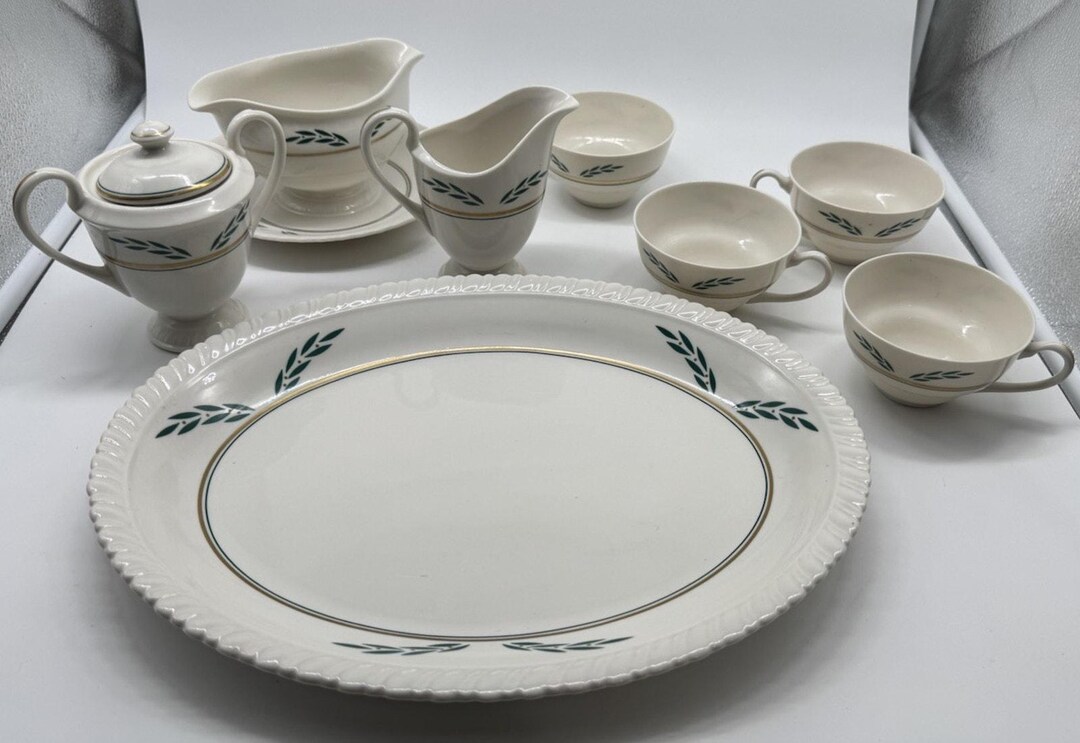 Coronation Hanover China Green Leaf Gold Trim VTG 50s Set Holiday ...