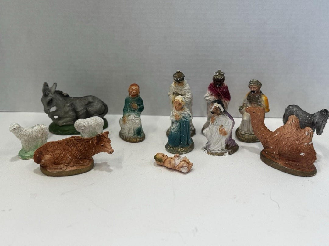 13 Pc Vintage Chalkware Nativity Set Figures Chalk Holy Family (see ...