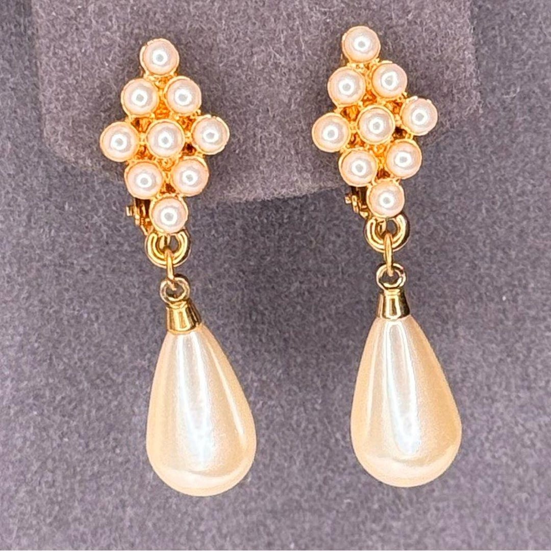 Vintage Napier Faux Pearl Cluster Drop Earrings 50s Screwback Gold Tone ...