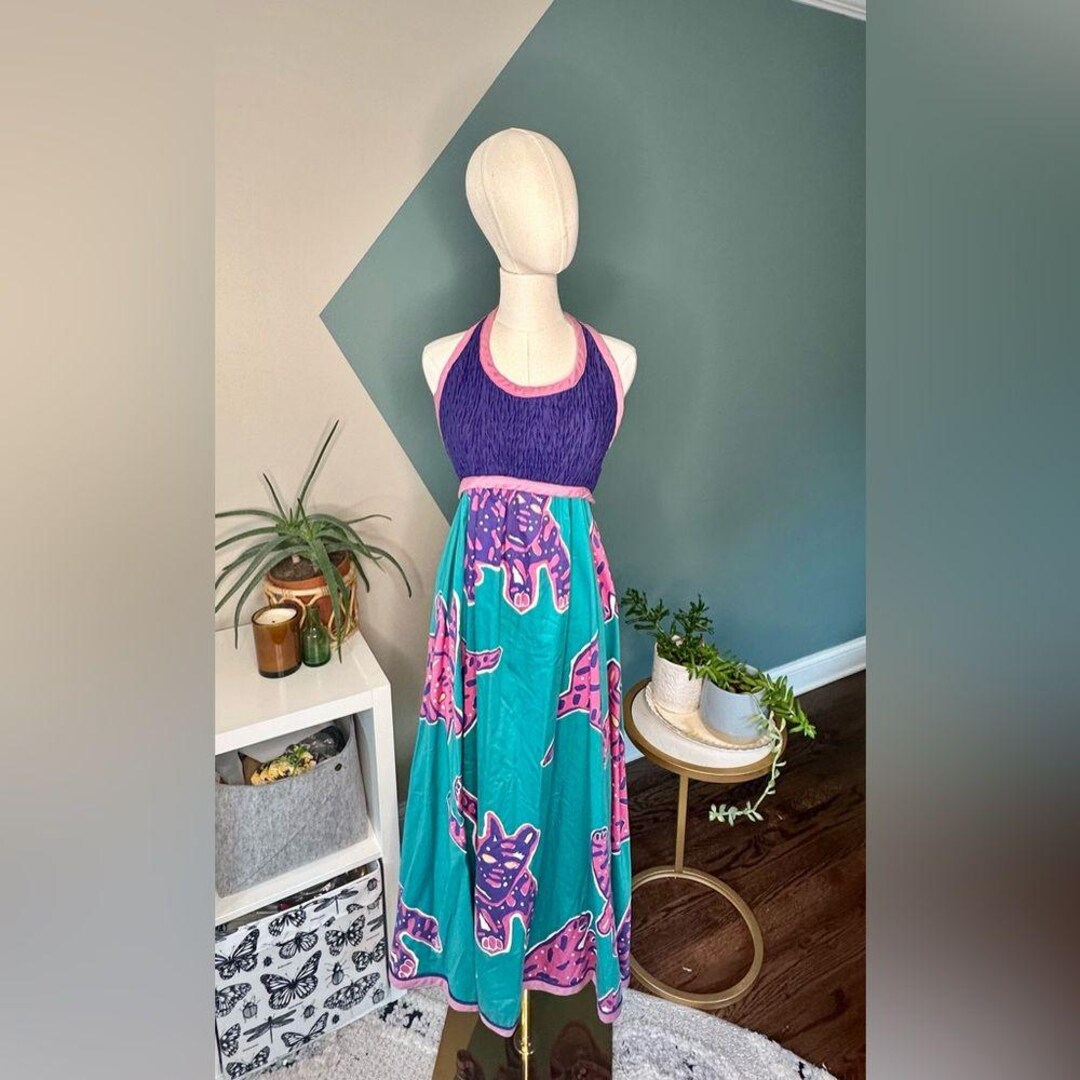 Vintage Jeanne Marc Halter Dress, 80s Cat Print, Made in USA, Sz S - Etsy