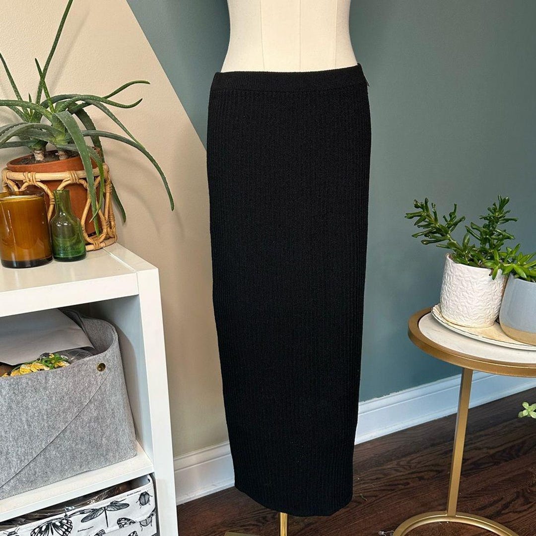 Vintage Steve Fabrikant Wool Ribbed Midi Skirt Black NWT 90s Minimalist ...